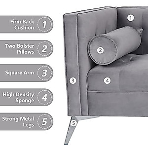 Mid-Century Velvet Chesterfield Sofa Couch, Modern Love Seats Sofa Furniture, Upholstered Button Tufted Couch with 2 Bolster Pillows for Living Room Apartment, Grey