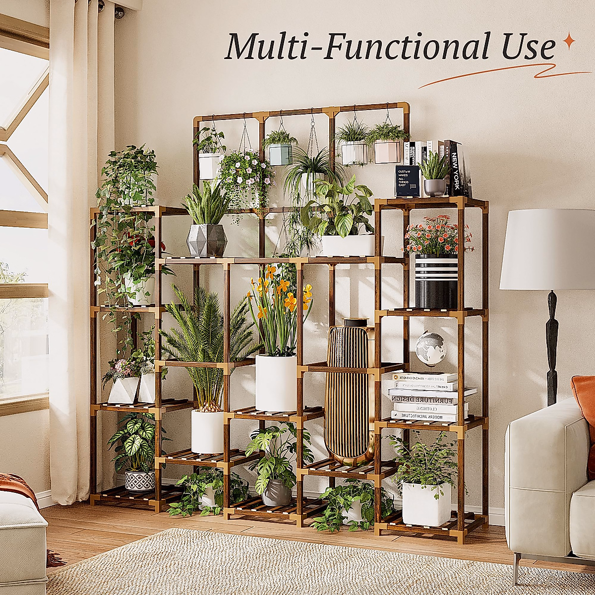 EnHomee 63''H Upgrade Plant Stand Indoor Tall Plant Stands Outdoor with 7 Tiers and 14 Potted Wood Plant Shelves Stand Load-Bearing 600 LBS, Multiple Plant Stand for Garden Balcony 11.8''x56''x63''