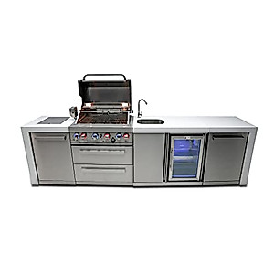 Mont Alpi MAi400-DBEV 32-Inch 4-Burner 78000 BTU Deluxe Stainless Steel Gas Outdoor Kitchen Barbecue Gas Island Grill w/ Compact Lockable Refrigerator + Infrared Side & Rear Burners + Granite Countertops