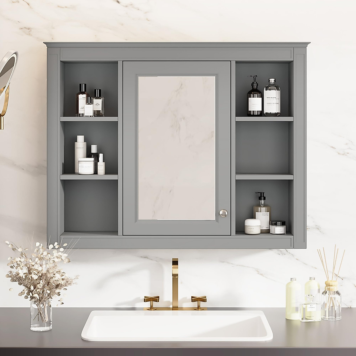 Merax Bathroom Medicine Cabinet with Mirror, 35" x 27.5" Wall Mounted Medicine Cabinet with Single Door and Shelves, Over The Toilet Mirrored Bathroom Storage Wall Cabinet