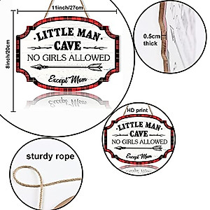 LHIUEM Little Man Cave Wooden Hanging Wall Sign,Red & Black Buffalo Plaid Woodland Door Sign Decor Wood Plaque,Boy Nursery Wall Decor For Toddlers Kids Baby Bedroom (8”X11”)