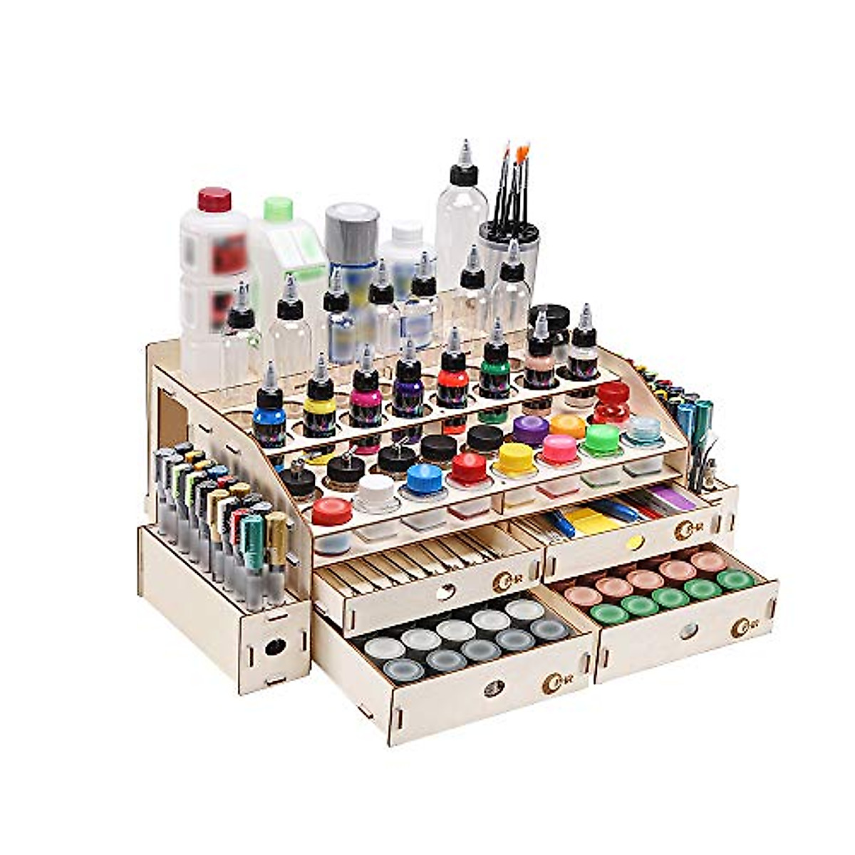 OPHIR Wooden Paint Rack Pigment Inks Storage Organizer with 32 Bottle Holes, 36 Marker Pen Cases, 4 Cabinet Drawers, Suitable for Tamiya GSI AV Paints and Model Tools