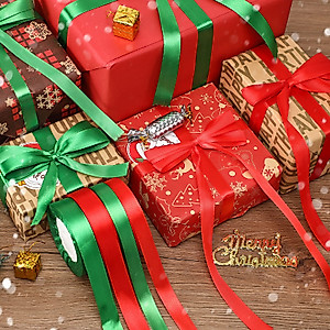 FEBSNOW 4 Rolls 100 Yards Christmas Ribbon, 0.6 Inch and 0.8 Inch Wide Holiday Red Green Satin Ribbons for Xmas Gifts Wrapping and Craft Decoration