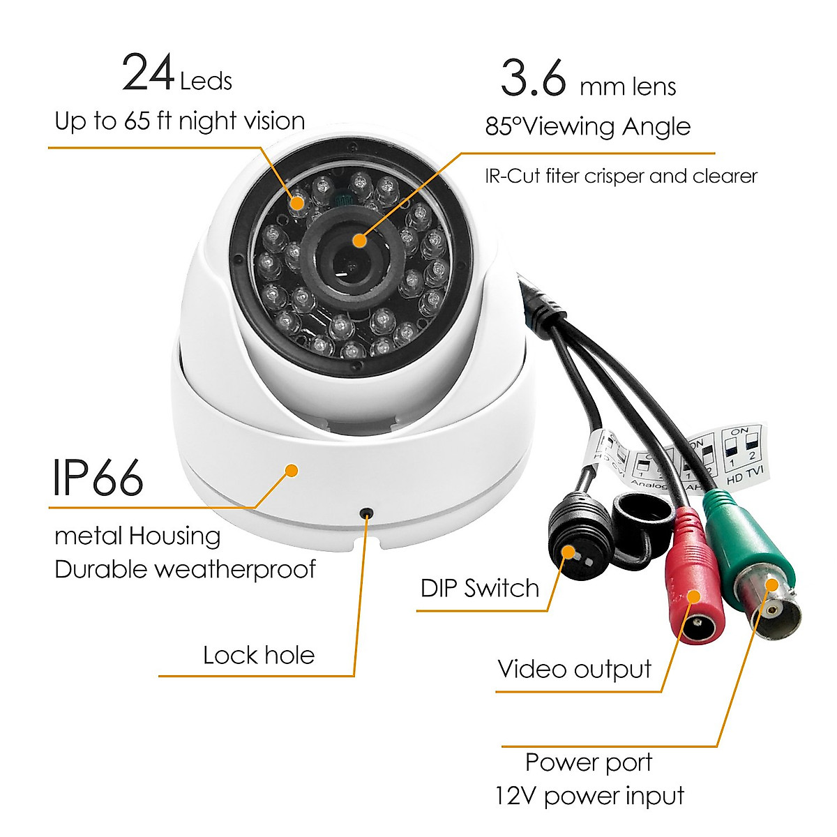 Analog CCTV Camera HD 1080P 4-in-1 (TVI/AHD/CVI/960H Analog) Security Dome Camera Outdoor Metal Housing, 24 IR-LEDs True Day & Night Monitoring 3.6mm Lens (White)