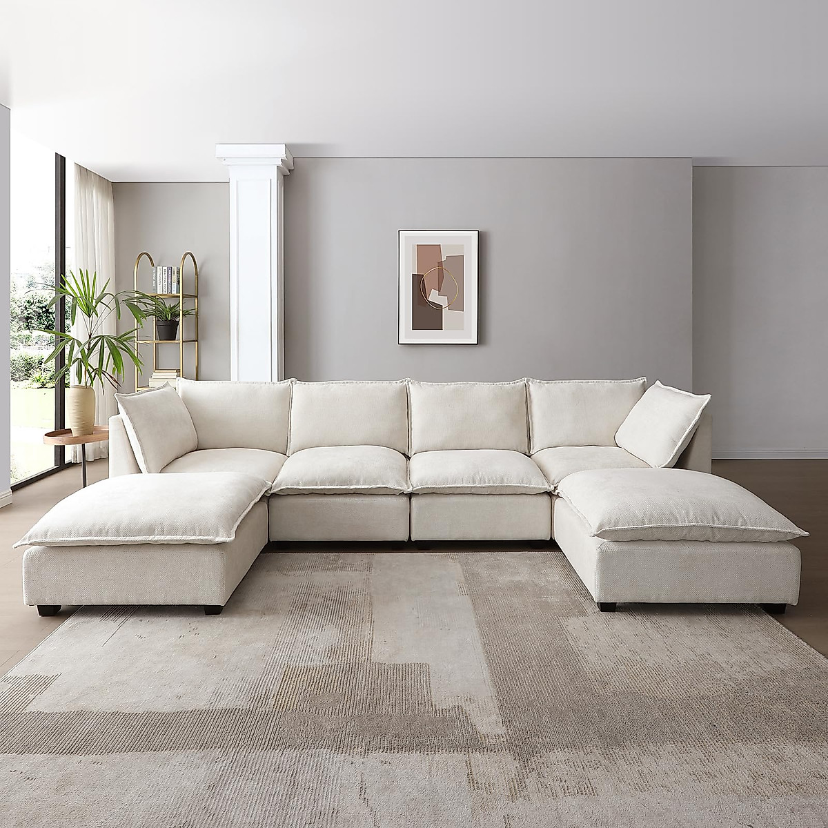 KIVENJAJA 130”W Oversized U-Shaped Down Filled Sectional Couch, 6 Seater Comfy Modular Cloud Sofa with 2 Ottomans, Modern Sleeper Sofa for Living Room, Linen Fabric, Beige