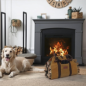 TUOWEI Newest Waxed Canvas Firewood Carrier - Sturdy Heavy Duty Log Carrier for Firewood Large Capacity Wood Carrier Log Tote Bag Firewood Holder Fireplace Wood Stove Accessories with Pocket & Gloves