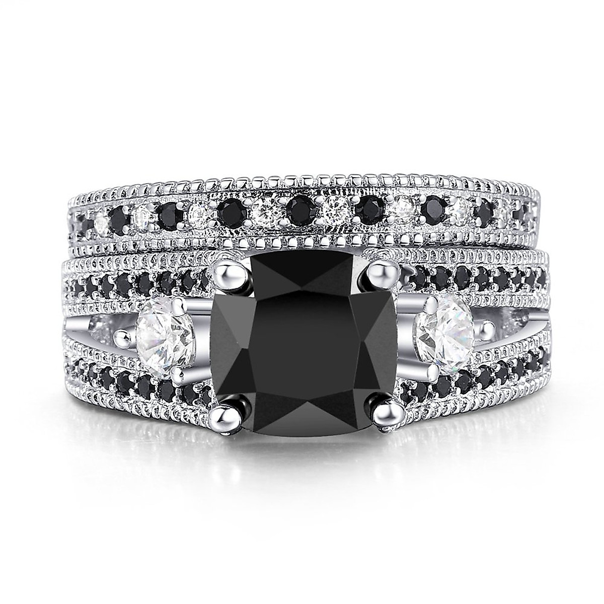 FENDINA Womens Luxurious 18K White Gold Plated Wedding Engagement Rings Princess Cut 2.5ct Created Black Diamond Solitaire Anniversary Promise Rings Set, 9