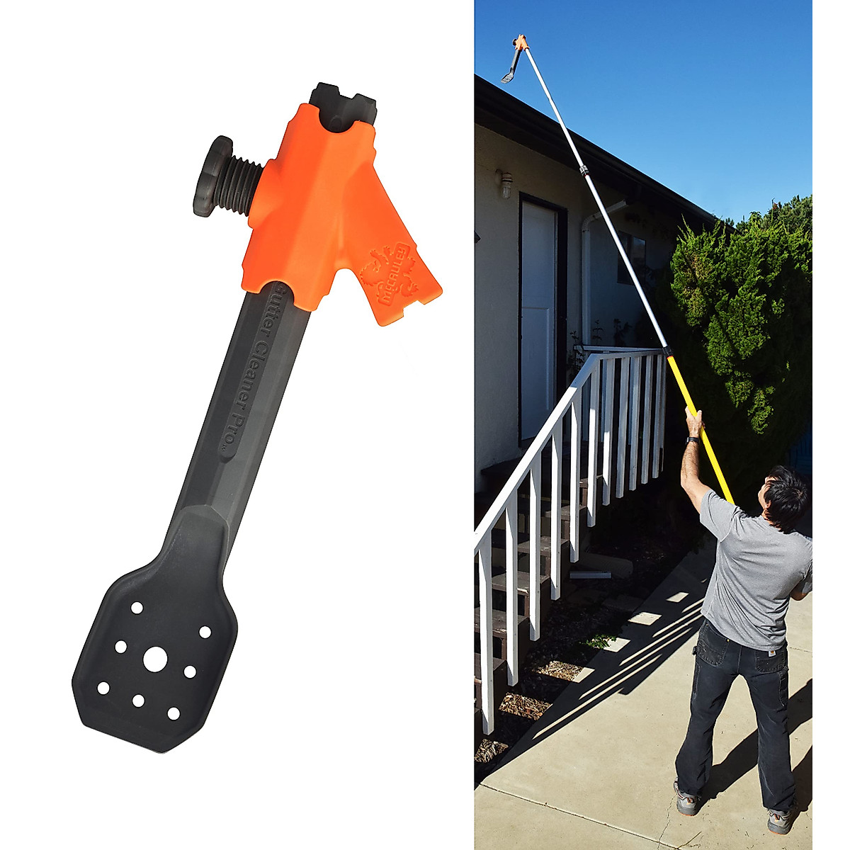 MCCAULEY GUTTER CLEANER PRO, gutter cleaning from The ground, PLUS clean from roof and ladder, and clean off gutter guards from The ground.
