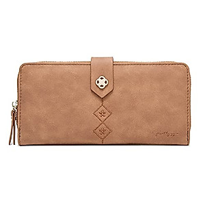 CornerLife Women Vegan Suede Leather Wallet Large Checkbook Clutch Wallet Zipper Around Credit Card Holder Wallets for Women with Snap Closure (Reddish Brown)