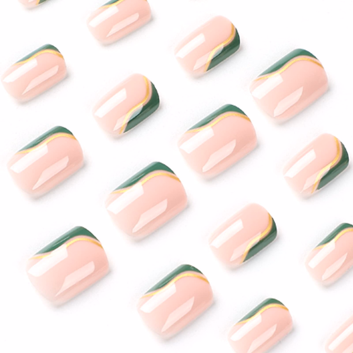 QINGGE Pink Press on Nails Short Length Square Fake Nails with Green Gold Stripe Design Fashion Stick on Nails Glue on Nails Glossy Acrylic Nails False Nails for Women 24Pcs