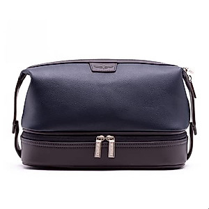 Vetell Leo Large Leather Men's Travel Toiletry and Shaving Case Bag with Upper and Lower Zippered Compartments, 3 Interior Loops and Carrying Handles