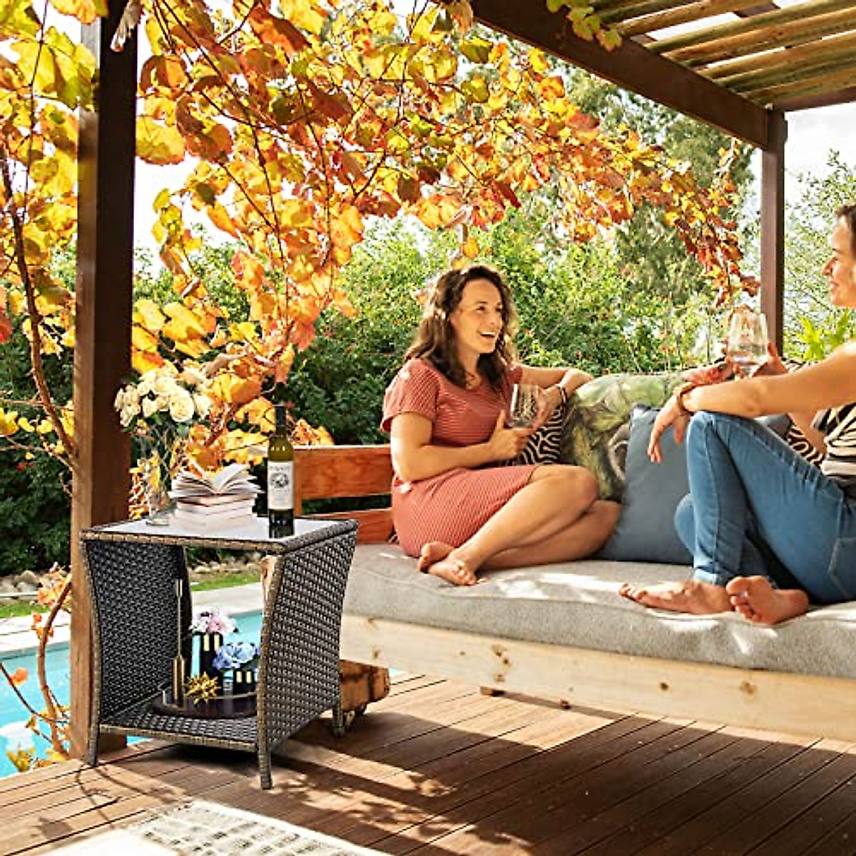 Wicker Side Table Porch Square Side Coffee Table with Glass Top and Storage Small End Tables Outdoor Porch Sofa Tables or Patio Lawn Balcony Pool Decoration Gold