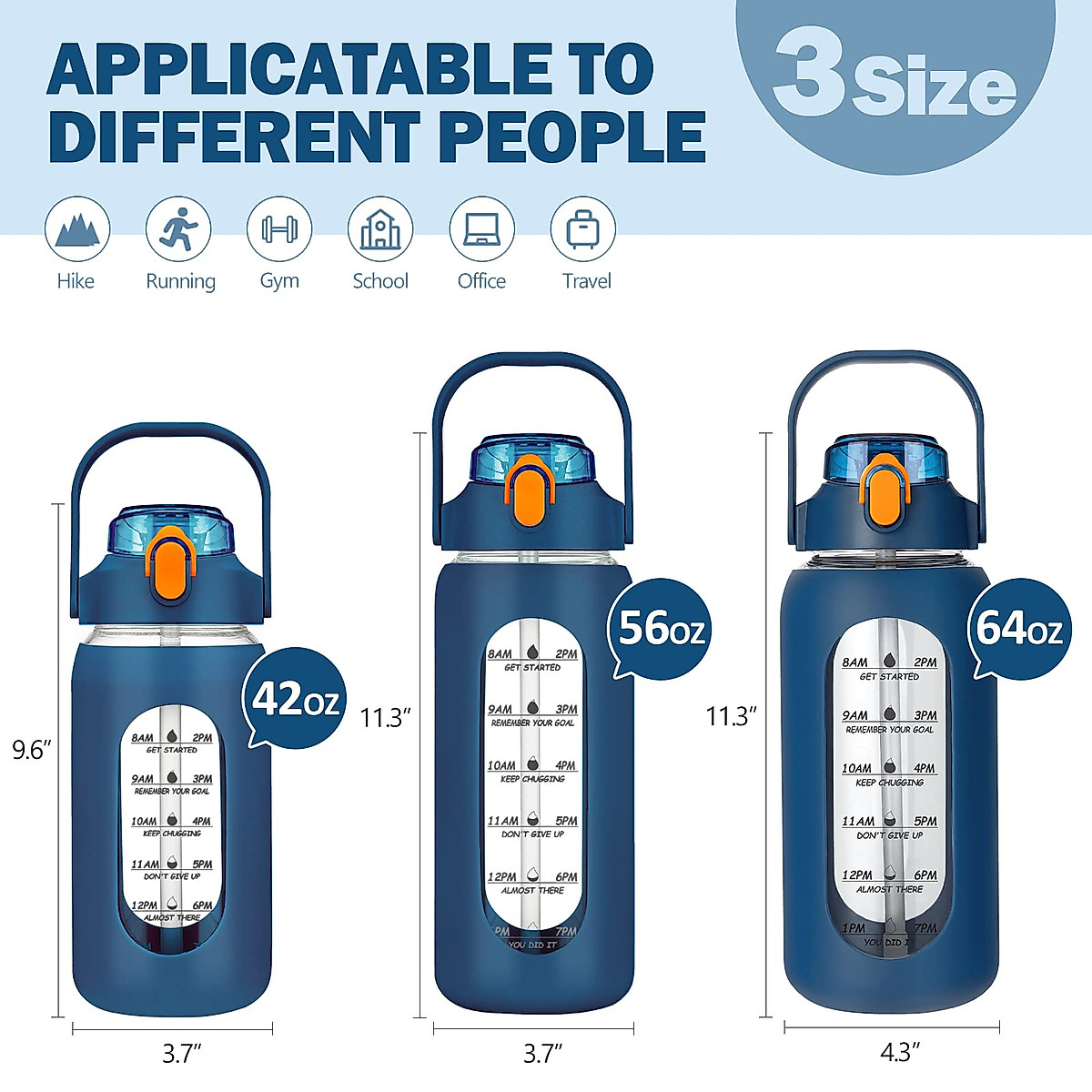 kytffu 64oz Glass Water Bottles with Straw, Half Gallon Motivational Glass Bottle with Silicone Sleeve and Time Marker, 2L Leakproof Large Glass Water Jug for Gym Home Office,Blue