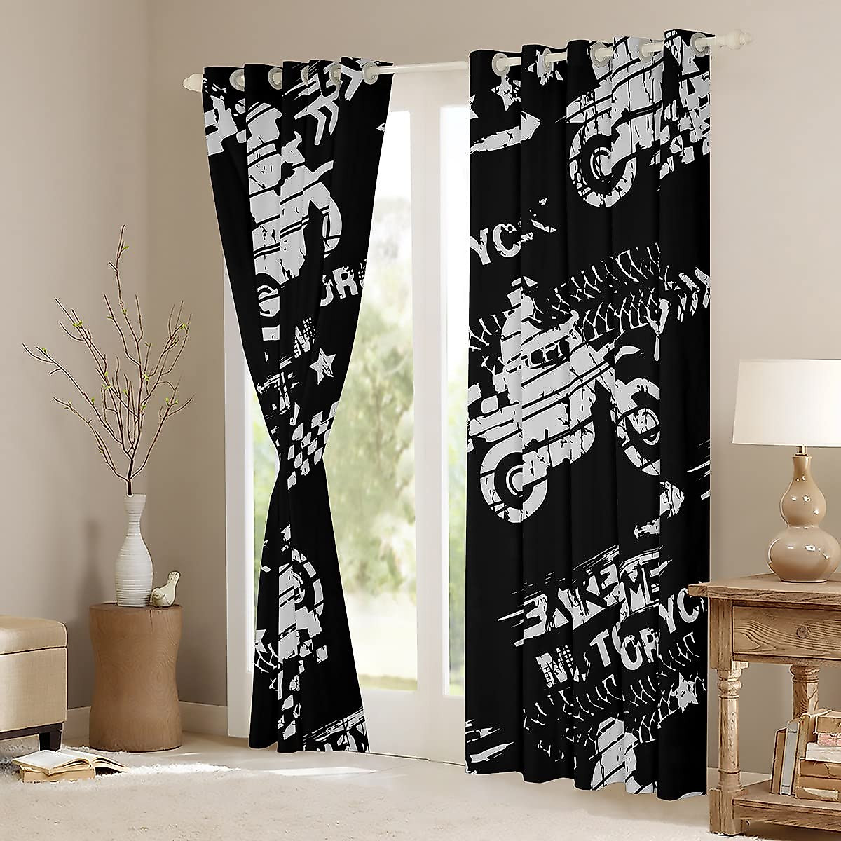 Motorcycle Silhouettes Kids Window Curtains,Extreme Sport Game Window Drapes for Girls Boys Adults,Racing Car Flag Fashion Black Grey Retro ​Window Treatments Grommet Top 2 Panel Set,52Wx90L inch