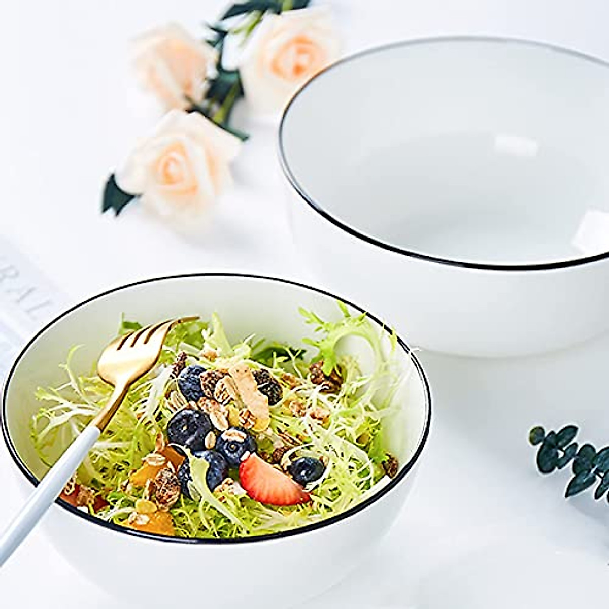 Dicunoy 3 Pack Large Serving Bowls, 65OZ Pho Bowl, Porcelain Mixing Bowl for Salad, Deep White Bowls for Soup, Noodle, Ramen, Dinner, Pasta, Cereal, Popcorn, Microwave & Dishwasher Safe