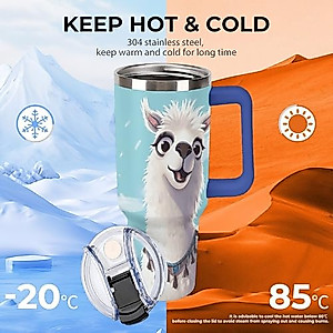 LLUTSNTH 40 Oz Vacuum Tumbler with Deep Blue Handle Leakproof Insulated Tumbler Llama Stainless Steel Travel Mug with Lid And Straw Coffee Cup Cute Water Bottles Cup Holder Friendly