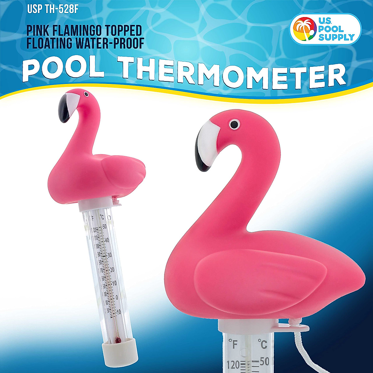 U.S. Pool Supply Floating Flamingo Thermometer - Easy to Read Temperature Display, Measures up to 120° Fahrenheit & 50° Celsius - Swimming Pools, Spas, Kids Pools, Cute Fun Pink Animal, Tether String