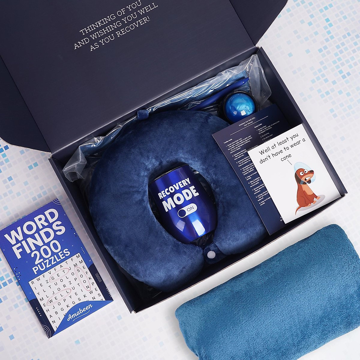 Amabeen Gifts Get Well Soon Gift Basket for Men – Recovery & After Surgery Care Package - Plush Blanket, Insulated Tumbler, Neck Pillow, Massage Roller, Puzzle Book, Funny Card, Pen