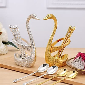 Coffee Spoon Set, Swan Base Holder Spoon Organizer Stainless Steel Dessert Teaspoons Creative Tableware Organizer Decoration Dinnerware for Household Stirring Mixing Cappuccino Sugar Cake Soup(Gold)