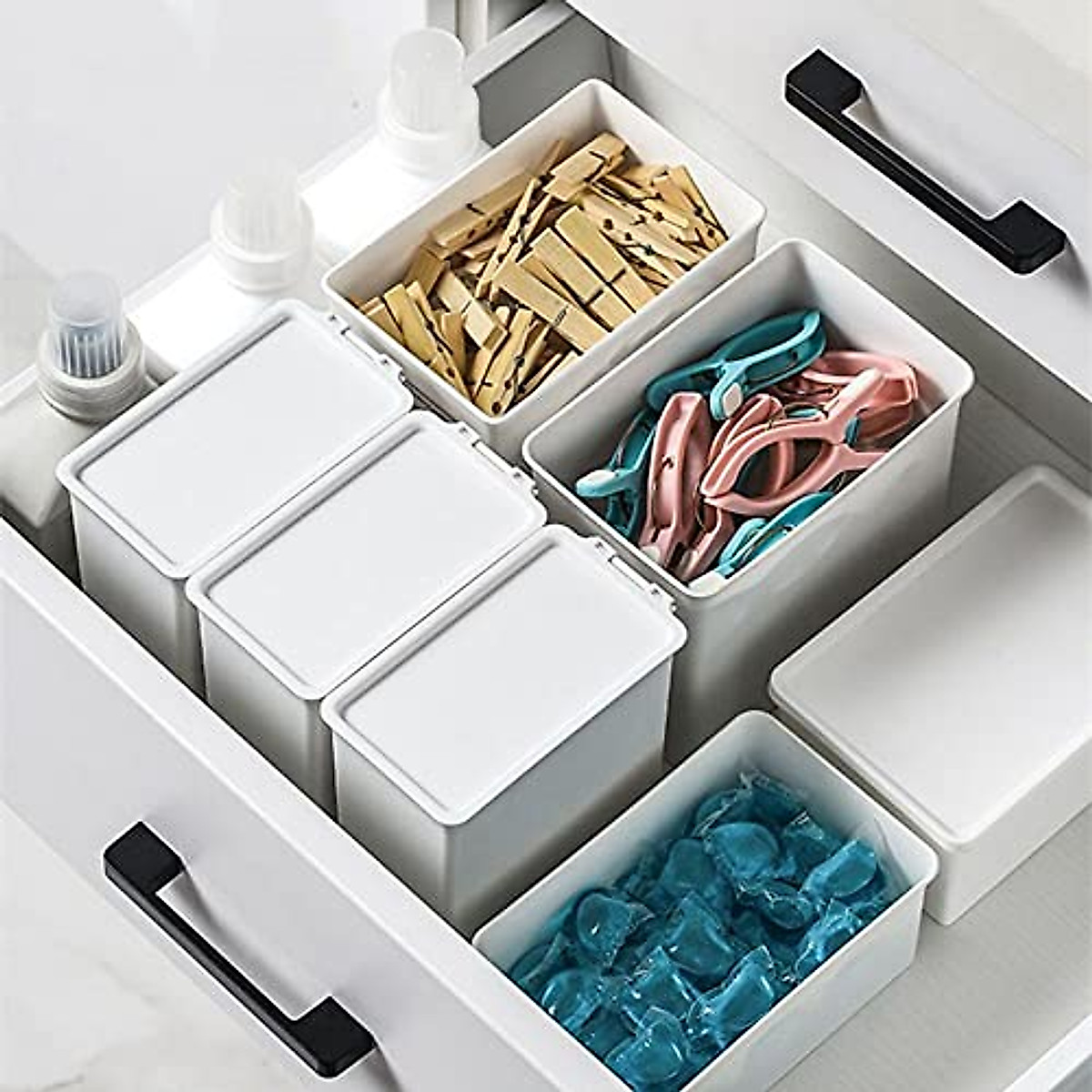 CHDHALTD Plastic Laundry Powder Container,Laundry Shelf Storage Organizer with Hinged Lid Holds Detergent Powder, Clothes Pins, Dryer Sheets(B)