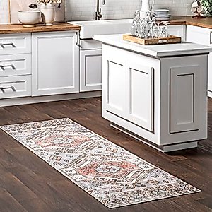 nuLOOM Mae Machine Washable Tribal Motif Runner Rug, 2' 6" x 8', Light Grey