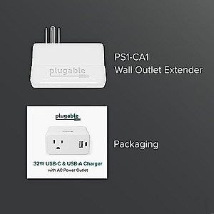 Plugable Wall Outlet Extender with 1x USB-C and 1x USB, 32W USB C Charger Block, USBC Fast Charger for iPhone 13/14, Travel, Home, Office, Cruise Ship