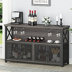 LVB Wine Bar Cabinet, Industrial Coffee Bar Cabinet for Liquor and Glasses, Modern Sideboard Buffet with Storage Rack, Rustic Liquor Home Bar for Kitchen Dining Living Room, Dark Gray Oak, 47 Inch