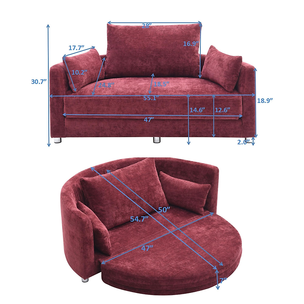 JURMALYN Foldable Sofa Bed, Folding Sleeper Couch Circular Floor Sofa Bed Futon Couch Bed Convertible Loveseat Sofa Round Sofa Couch for Balcony Living Room Dark Red