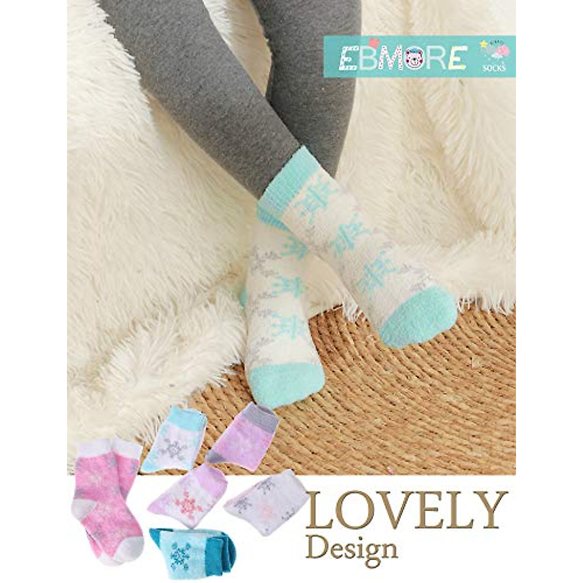 EBMORE Girls Kids Toddler Fuzzy Non Slip Grips Slipper Socks Gift Crew Cabin Cozy Fluffy Hospital Cute Warm Winter Socks for Boys Child Christmas Stocking Stuffers 6 Pairs（Snowflake，8-12 Y）