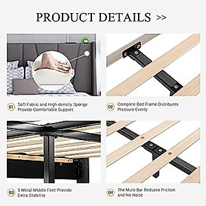 Benevika King Size Platform Bed Frame with Geometric Wingback Headboard, Wooden Slats Support, No Box Spring Needed, Easy Assembly, Gray