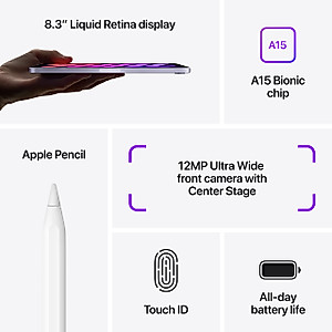 Apple iPad mini (6th generation): with A15 Bionic chip, 8.3-inch Liquid Retina display, 256GB, Wi-Fi 6, 12MP front/12MP back camera, Touch ID, all-day battery life – Space Gray