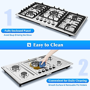 5 Burners Built in Gas Stovetop Cooker Gas Range Portable Stainless Steel Cooktop LPG/NG Dual Fuel Cast Iron Grate Gas Stove Kitchen Cooking Stove for Home RV Outdoor Apartment Silver(33.85x19.68Inch)