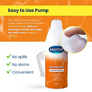 SASMAR Warming Lubricant Men, Women, Couples, Him, Her – Water Based Personal Lube - Long lasting Formula, Paraben Free, No Residue – Compatible With All Condoms & Toys - 2.3 oz