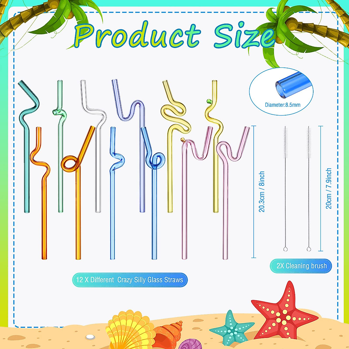 Yinkin 12 Pcs Wavy Glass Straw Curved Reusable Glass Straws Multicolor Clear Silly Straws Tea with 2 Cleaning Brushes for Kids, Drinking, Beverages, Coffee, Smoothies, Juice, Water