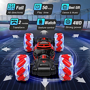 Powerextra Remote Control Car, 4WD Rc Stunt Car with Light & Music, Watch Gesture Sensor Car, Double Sided Rotating Off Road 360° Flips, Toy Car for Boys & Girls - Red