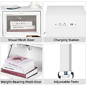 LEBOAHOUS Nightstand with Charging Station and USB Port, 3 Tier Industrial Night Stand, Bedside Table with Flip Storage Drawer and Open Shelf, End Side Table for Bedroom, Office, Dorm 26.2''H (White)