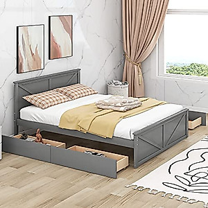 Harper & Bright Designs Queen Storage Bed, Queen Size Platform Bed with 4 Drawers and Support Legs, Solid Wood Queen Bed Frame with Headboard for Kids Teens Adults (Gray)