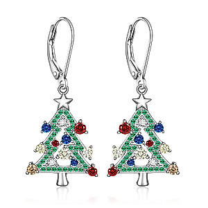 Sterling Silver Christmas Tree Earrings Leverback Dangle Drop Earrings for Women Holiday X-mas Christmas Tree Jewelry