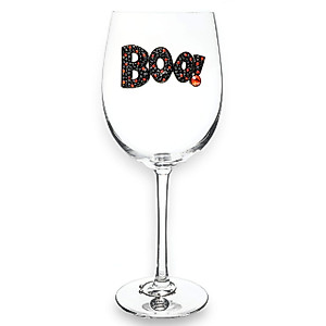 THE QUEENS' JEWELS Halloween Boo Jeweled Stemmed Wine Glass, 21 oz. - Unique Gift for Women, Birthday, Cute, Fun, Not Painted, Decorated, Bling, Bedazzled, Rhinestone