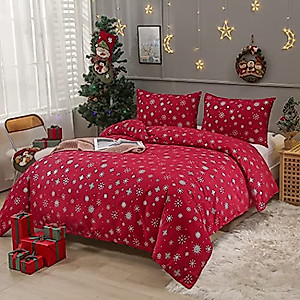 LAMEJOR Christmas Red Duvet Cover Set Queen Size Silver Metallic Print, Foil Print Glitter Snowfalke Pattern, 3-Piece Soft Bedding Set 1 Duvet Cover+2 Pillow Cases