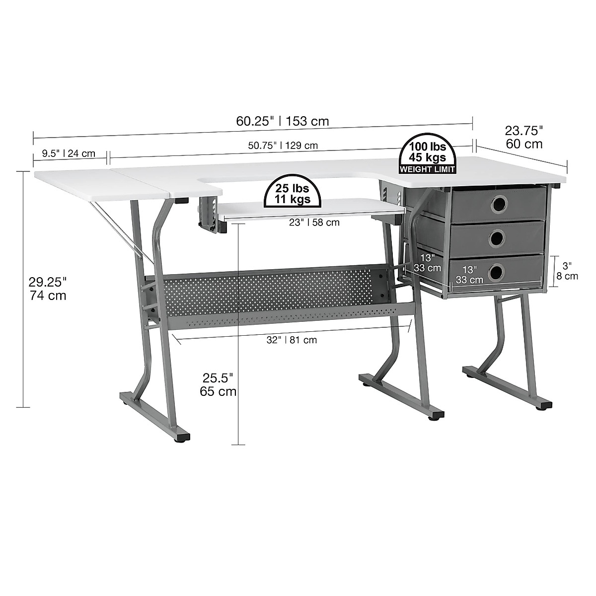 Sew Ready Eclipse Hobby and Sewing Machine Table - White Sewing Table with Gray Storage Drawers + Large Lower Shelf - Can Also Be Used as Computer Desk