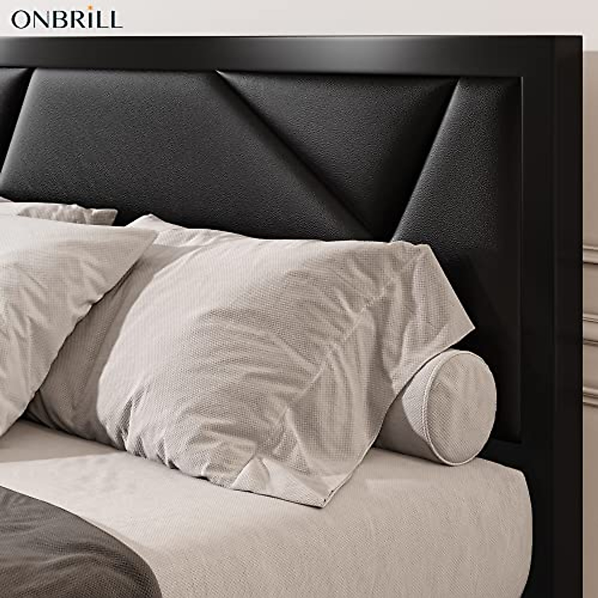 ONBRILL Twin Size Modern Metal Bed Frame with Contemporary Faux Leather and Upholstered Headboard，No Box Spring Needed, Black