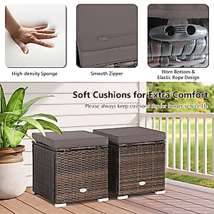 Tangkula 2 Pieces Patio Ottomans, Patiojoy Hand-Woven PE Rattan Side Table with Removable Cushion & Hidden Storage Space, Multifunctional Storage Box, Seat for Patio, Backyard, Poolside (Grey)