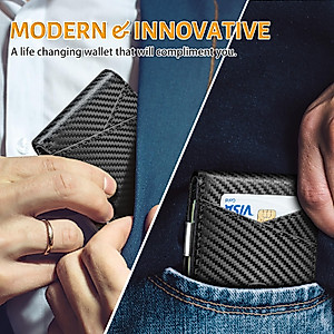 GSOIAX Slim Leather RFID Bifold Wallet for Men with Money Clip and 12 Credit Card Holders - Minimalist Front Pocket Wallet with ID Window, Cool Groove Design (Carbon Black)