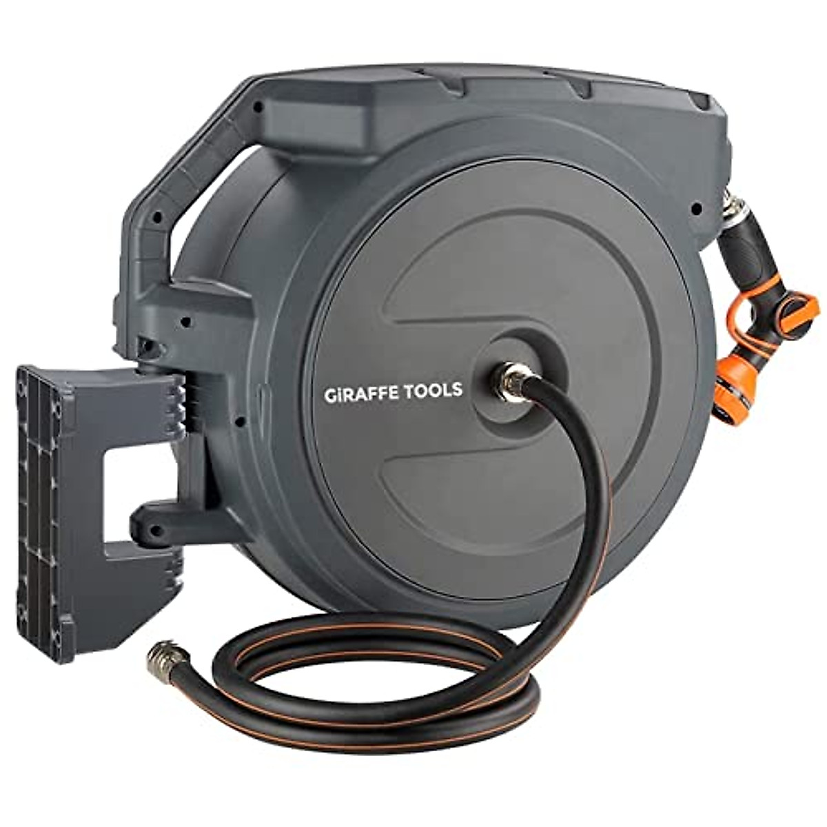 Giraffe Tools AW405/8MB Retractable Hose Reel 5/8 inch x 90 ft PRO Metal Bracket Wall Mounted Garden Hose Reel Heavy Duty with Automatic Rewind, 90ft, Dark Grey