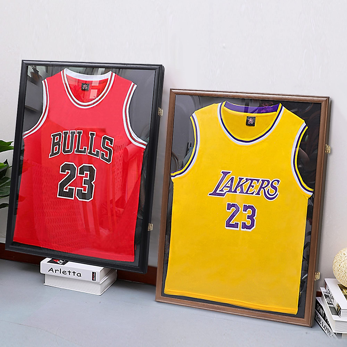 Jersey Frame Display Case - Solid Oak Wood Frame Shadow Boxes for Jersey Display Lockable with UV Protection Acrylic and 2 Hangers for Baseball Basketball Football Hockey Shirt, Walnut