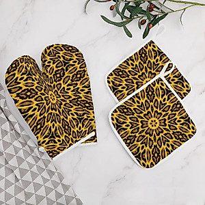 Oven Mitts and Pot Holders Sets for Safe BBQ Cooking and Backing, Animal Leopard Print Kitchen Insulated Pot Holder Pad with Heat Resistant Gloves, 4 Pieces, MBW100