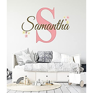 CuteDecals Custom Name and Initial with Flowers Wall Decal - Personalized & Art Mural Girls Decor Stickers for Nursery Bedroom Decoration (Mini Wide 16 inchx10 inch Height)