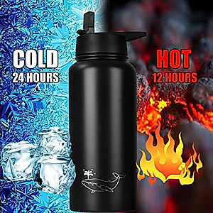 Stainless Steel Water Bottle 40 oz, 2 type Lid, Straw Lid, Wide Mouth, Leak Proof, Vacuum Insulated Stainless Steel, Double Walled, Carrying Pouch, Hot Cold Water, Powder Coating (Black)