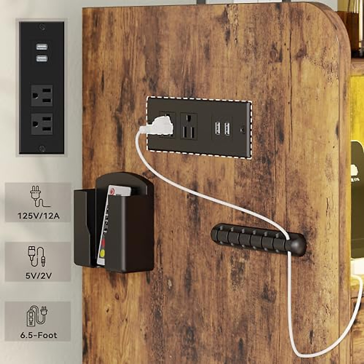 LIKIMIO Nightstand with Charging Station and 3 Drawers, LED Lights End Side Table with interchangeable sockets and Hooks, Vintage Brown